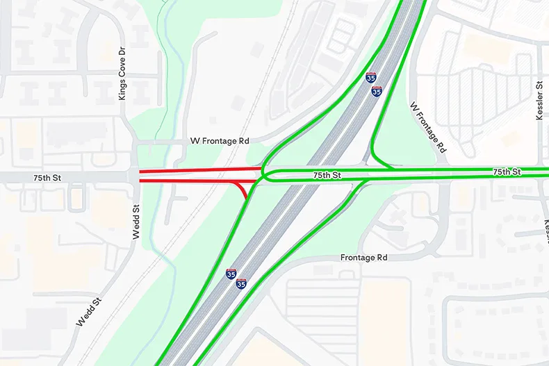 Bridgework cutting eastbound 75th Street access to I-35